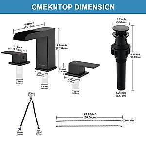 Bathroom Faucet Matte Black, OMEKNTOP 8 Inch Waterfall Bathroom Sink Faucet 3 Hole, Black Bathroom Faucet with Pop Up Drain and Hose, Two Handles Bathroom Faucet for Basin Lavatory Vanity