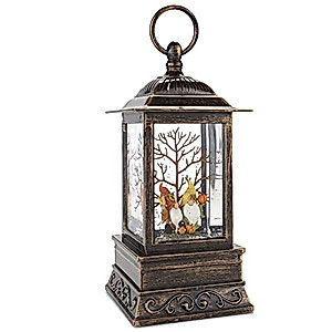 Lighted Harvest Lantern with Gnome Motif and Swirling Faux Snow