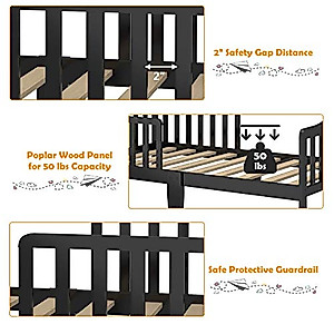 Costzon Toddler Bed, Classic Wood Kids Bed Frame w/Double Safety Guardrail, Low to Floor Design, Wooden Slat Support, Fits Full Size Crib Mattress, Bedroom Furniture for Boys & Girls (Black)