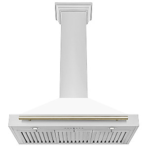 ZLINE 36 in. Autograph Edition Convertible Stainless Steel Range Hood with White Matte Shell and Polished Gold Accents (KB4STZ-WM36-G)