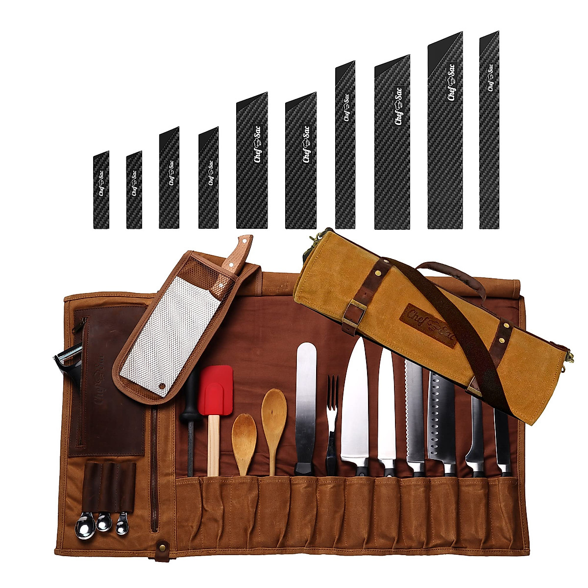 Waxed Canvas Chef Knife Roll Bag with 10-Pack Knife Guards Included