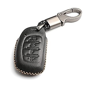 WFMJ Leather for Hyundai Elantra Sonata Tucson Remote Smart 4 Buttons Key Fob Case Keychain Cover Chain (Black)