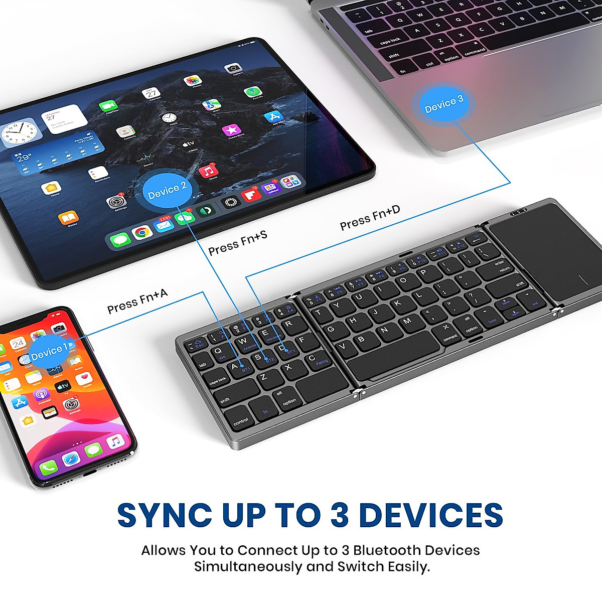 HAMOPY Foldable Keyboard, Leather Tri-Folding Wireless Portable Bluetooth Keyboard with Sensitive Touchpad Mouse (Sync Up to 3 Devices), Mini Rechargeable Travel Keyboard for Windows Mac Android iOS