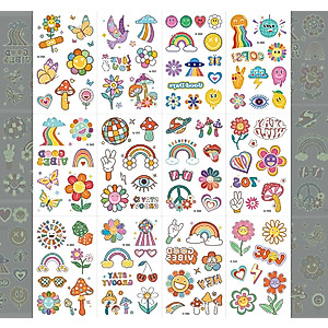 Groovy 70s Temporary Tattoos, Glow in the Dark Styles for Kids,Flower Power & Hippie Stickers,Birthday Party Supplies & Favors for Girls