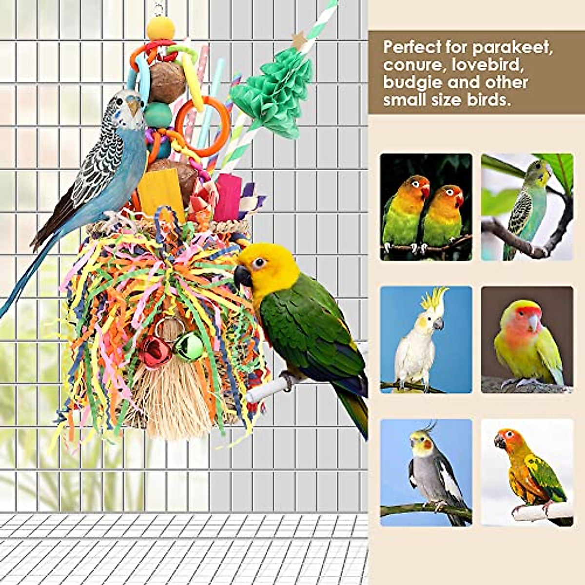 YIXUND Bird Toys,Seagrass Foraging Basket Bird Toy with Colorful Crinkly Paper Wooden Blocks Paper and Bamboo Fingers Nuts DIY Honeycomb Tree for Small Parrot Birds