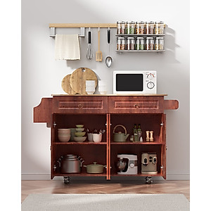 Qsun Kitchen Island with Drop Leaf Countertop, Wood Kitchen Island Cart on Lockable Wheels with Two Large Drawers and Two Large Storage Cabinet with Double Doors, Brown