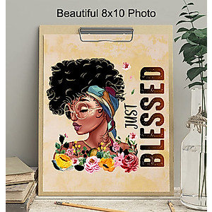 Black Women Woman Wall Art - Blessed Wall Decor - African American Girl Poster Picture Print - Bedroom, Living Room, Home Office, Bathroom - Cute Boho Inspirational Positive Motivational Friend Gifts