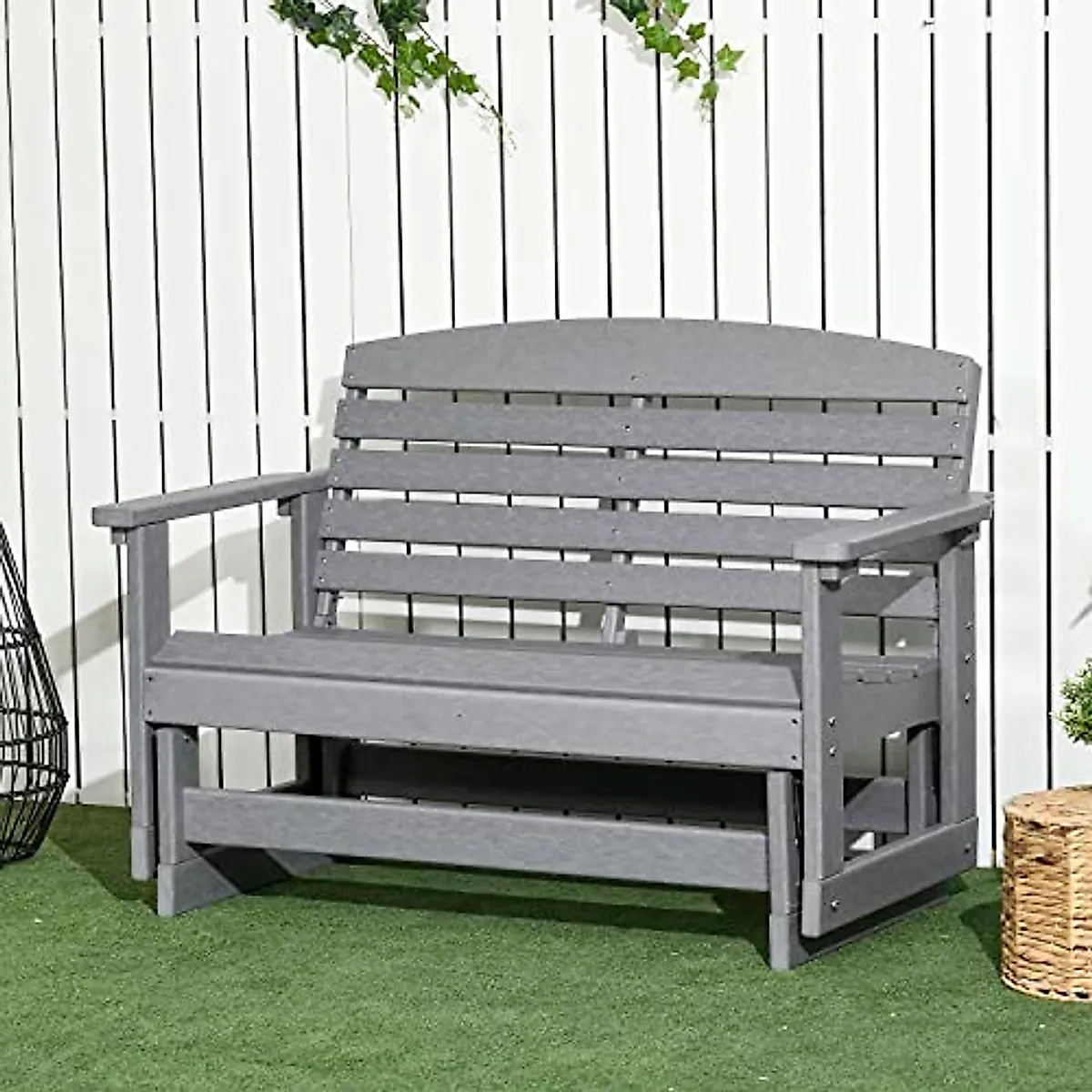 Outsunny 2-Person Outdoor Glider Bench Patio Double Swing Rocking Chair Loveseat w/Slatted HDPE Frame for Backyard Garden Porch, Light Gray