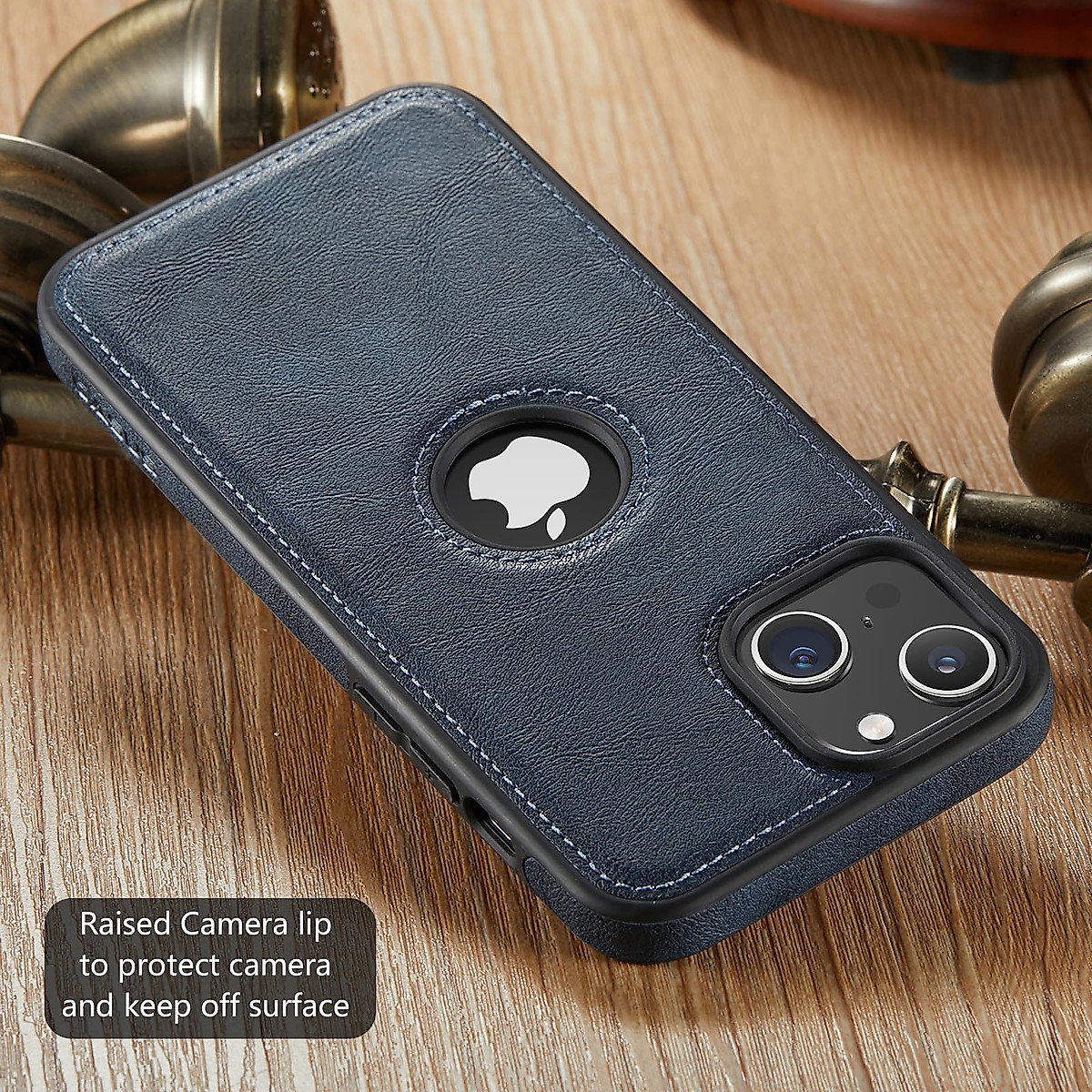 Casus Designed for iPhone 15 Case Vegan Leather Slim Logo View Classic Luxury Elegant Thin Protective Cover (2023) 6.1" (Blue)