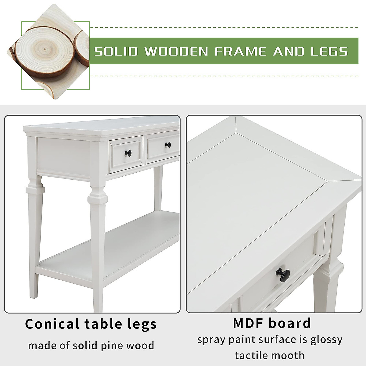 50" Classic Retro Console Table, Solid Wood Sofa Side Table with 3 Top Storage Drawers and Open Style Bottom Shelf for Living Room, Entryway, Hallway and Bedroom, Easy Assembly (Antique White-02)