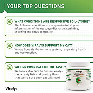 Vetoquinol Viralys L-Lysine Supplement for Cats - Cats & Kittens of All Ages - Immune Health - Sneezing, Runny Nose, Squinting, Watery Eyes - Flavored Lysine Powder