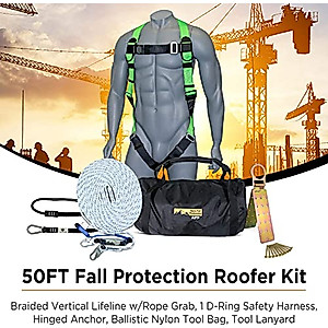 AFP 50FT Fall Protection Roofer Kit Braided Vertical Lifeline w/Rope Grab, 1 D-Ring Safety Harness, Hinged Anchor, Ballistic Nylon Tool Bag, Free Tool Lanyard | OSHA & ANSI Rated