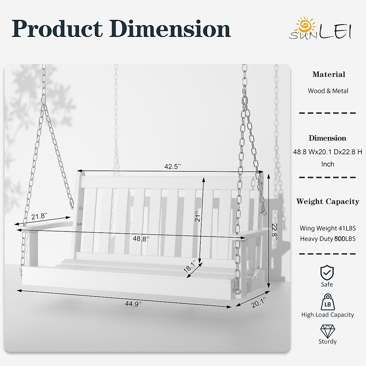 SUNLEI Patio Porch Swing, 2-Seated Bench Swing with Hanging Chains and Cozy Armrests, 45in Wooden Hanging Swing Chair for Outdoor Garden Courtyard, White