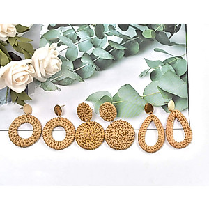 Rattan Earrings for Women Handmade Straw Wicker Braid Drop Dangle Earrings Lightweight Geometric Statement Earrings (3 Pairs Set)