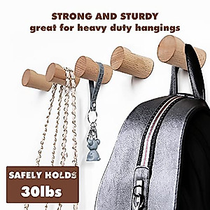 DIGHEIGG Wood Coat Rack Wall Mount, Wall Hooks Boho Wall Decor Aesthetic, Heavy Duty Coat Hooks Wall Mounted for Hat Towel Purse Robes Mudroom Entryway (Beech Wood, 5 Pack)