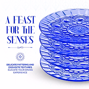 elle decor Glass Dessert Plate | Set of 4 | Blue | 6-Inch | Dessert, Dinner, or Appetizer Plate | Snack, Fruit, or Side Plate | Serveware | Glass Design | Dishwasher Safe