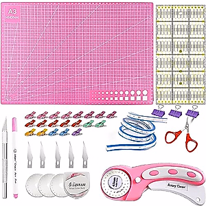 Rotary Cutter Set, 38PCS 45mm Rotary Fabric Cutter Wheel Set, Fabric Cutter Wheel, Quilting Rotary Cutters Rolling Fabric Cutter Wheel and A3 Mat, Rotary Rolling Cutter For Sewing, Quilting(Pink)