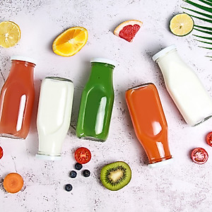 YEBODA 11oz Glass Milk Bottles with Reusable Metal Twist Lids and Straws for Beverage Glassware and Drinkware Parties, Weddings, BBQ, Picnics, Set of 12