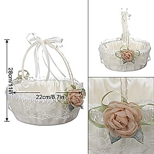 NEOITY Wedding Flower Girl Basket, White Flower Basket with Handle, Elegant Satin Flower Basket Decorated with Lace, Peals and Bows for Wedding Ceremony Party Decoration(#1)