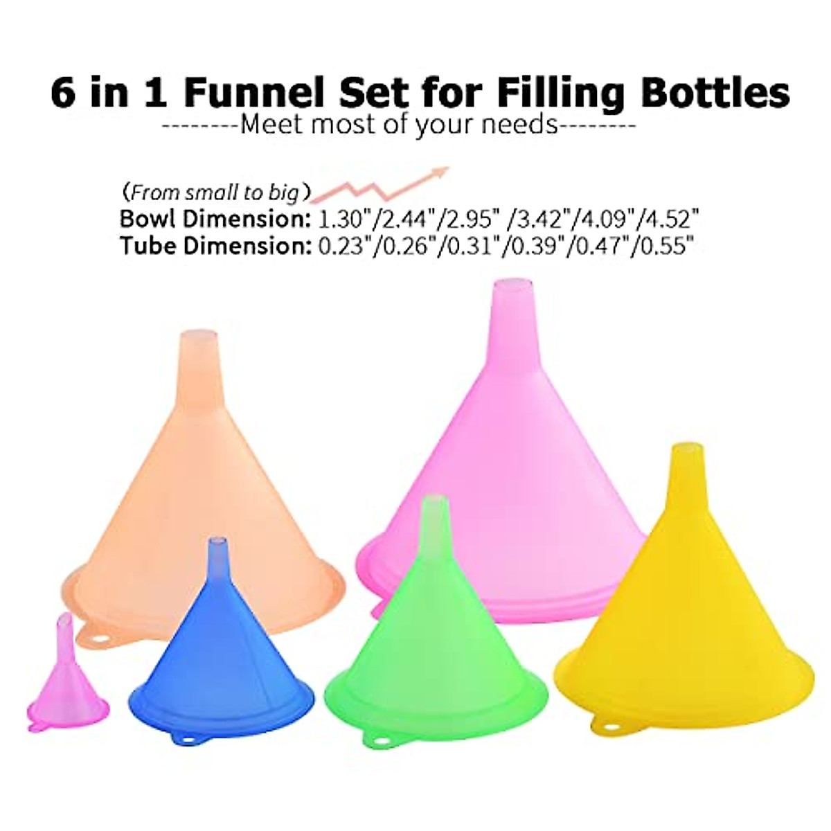 Delove All Purpose Plastic Funnel Set of 6 - Funnels for Kitchen Use Filling Bottles - Small Funnel Set- Mini/Small//Large - Food Grade and BPA Free