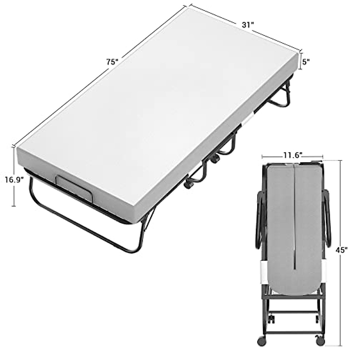Unikito Folding Bed with Mattress for Adults, Portable Rollaway Guest Bed, Cot Size Foldable Bed with 5 Inch Memory Foam Mattress and Metal Frame, Roll Away Bed Storage Cover Included, 75 x 31 Inch
