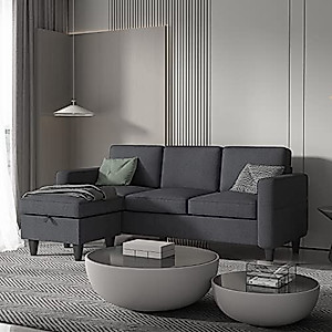 Dark Grey Convertible Sectional, Modern Linen Fabric Upholstered L-Shaped Couch with Armrest Pockets 3-Seat Sofa with Reversible Storage Ottoman for Living Room Small Space Apartment