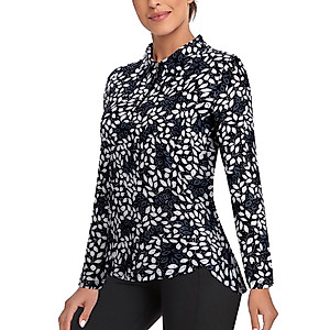 Tanst Sky Long Sleeve Collared Golf Shirts for Women Quick Dry Quarter Zip V Neck Pullover Lightweight Athletic Workout Tops UPF 50+ Gym Hiking Running Clothes Black Large