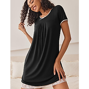HOTOUCH Nightgowns for Women Pleated Sleepdress Scoopneck Night Dress Lcce Sleepwear Black L