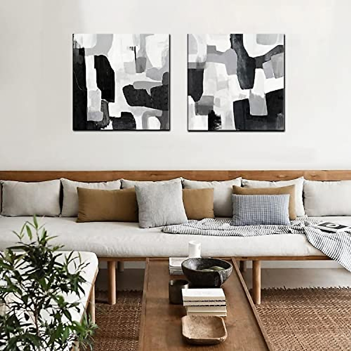 Pigort Black and White Abstract Hand-Painted Wall Art Decor - 2 Piece Set, Grey Decorative Framed Black & White Abstract Canvas Art for Living Room, Bedroom, Office Home Decor & Gift 24x24Inch