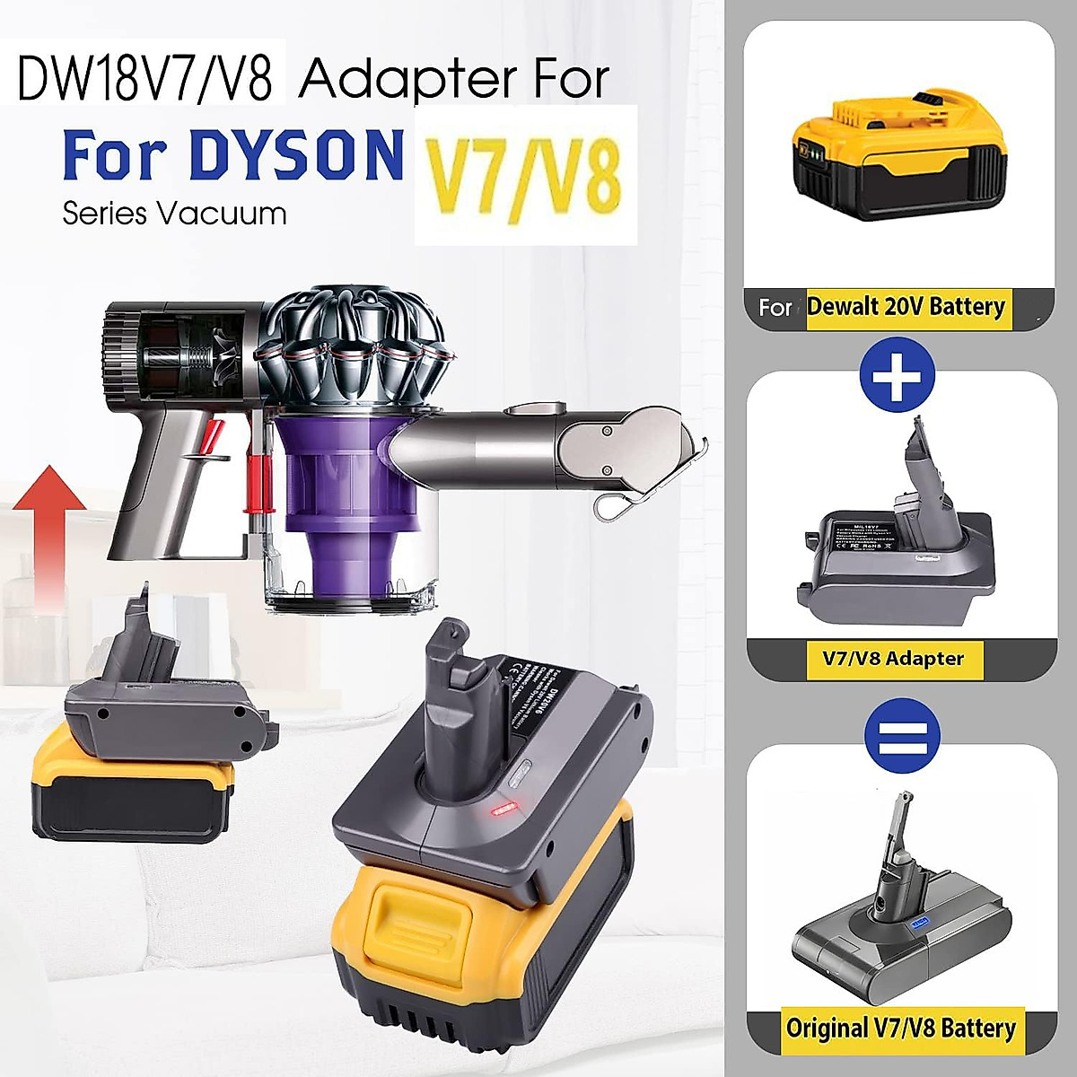 URUN V7/V8 Adapter for Dewalt 20V 60V Battery Convert to for Dyson V7/V8 Handheld Vacuum Cleaner Battery Compatible with V7/V8 Animal V7/V8 Absolute V7/V8 Motorhead Pro V7/V8 HEPA Li-ion SV11 Battery