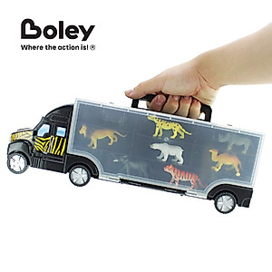 Boley 8 Piece 14" Safari Transport Truck Carrier - Miniature Animal Figures with Semi Truck Trailer Toy - Loadable Miniature Animals with Portable Truck and Collapsible, Easy-to-Hold Handle