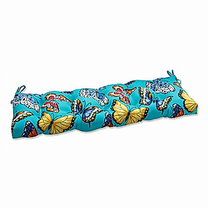 Pillow Perfect Outdoor/Indoor Tufted Bench/Swing Cushion, 18" x 56", Blue Butterfly Garden Turquoise