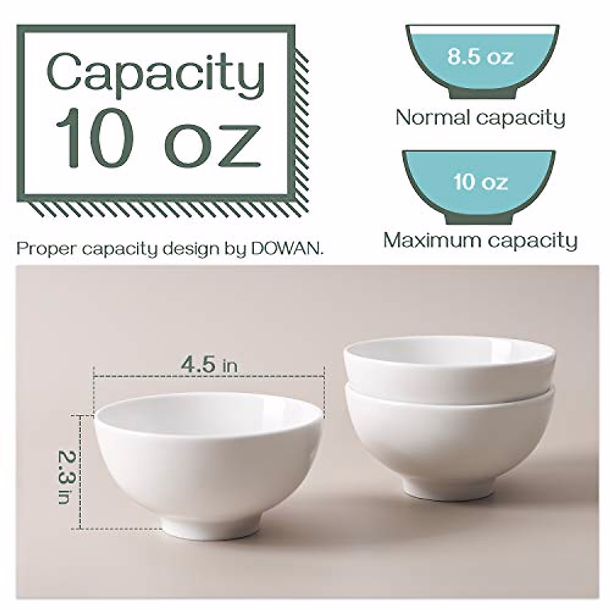 DOWAN 10 OZ Small Bowls Set of 8 - White Ceramic Bowls for Dessert, Ice Cream, Rice, Soup, Cereal, Dipping - Microwave & Dishwasher Safe