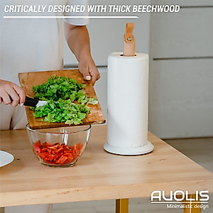 Paper Towel Holder Countertop - Auolis Wooden Paper Towel Rack - Stand Kitchen Accessories Paper Towels Rolls Dispenser with Leather Handle & Cement Base ,for Bathroom and Farmhouse(White)