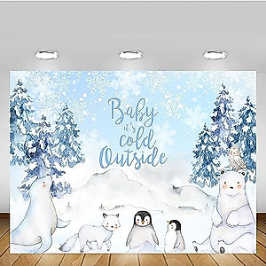MEHOFOND 7x5ft Winter Baby Shower Backdrop Baby It's Cold Outside Background Blue Watercolor Artic Animals Penguin Baby Shower Party Banner Decorations Photo Booth Props