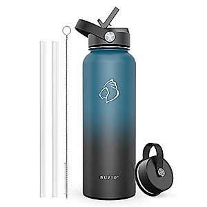 BUZIO Water Bottle with Straw Lid and Flex Cap, 40oz Modern Double Vacuum Stainless Steel Water Flask, Cold for 48 Hrs Hot for 24 Hrs Simple Thermo Canteen Mug, Indigo Black