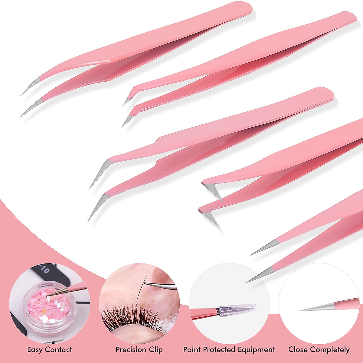 5 Pieces Eyelash Tweezers Sets, High Precision Stainless Steel Eyelash Extension Tweezers with Box, Straight and Curved Tip Tweezers, Eyelash Extension Volume Tweezers for Lash Extensions