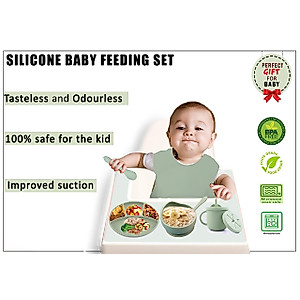 Silicone Feeding Utensils Set 8Pcs For Baby- Led Weaning Essentials-Divided Suction Plate-Lid-Bowl-Fork-Spoon-Adjustable Bib-2in1 Drinking + Snack Cup, Gift for Infant and Toddler (Oliver Green)