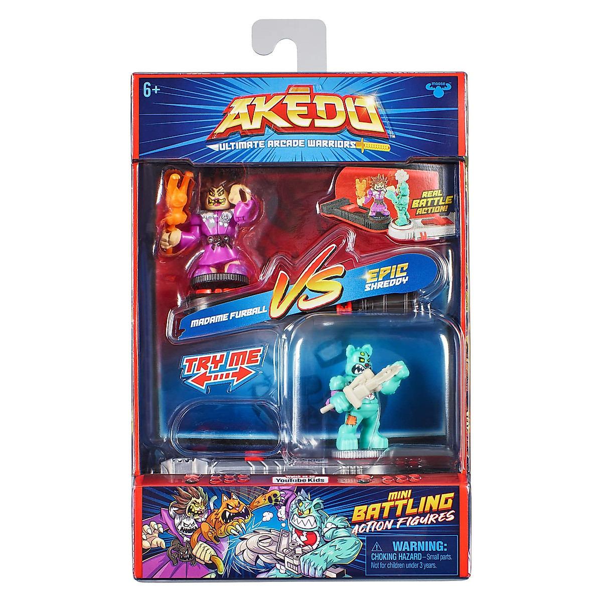 Akedo - Ultimate Arcade Warriors Versus Pack Mini Battling Action Figures - Ready, Fight, Split Strike - Epic SHREDDY VS Madame FURBALL Multicolor 14267