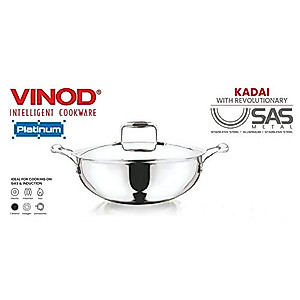 Vinod Platinum Kadai Triply Stainless Steel | Suitable For Indian Cooking, Sauces, Stews, Soups | Deep/Extra Deep Kadai With Lid | Induction, Electric Friendly (Extra Deep Kadai, 24cm)