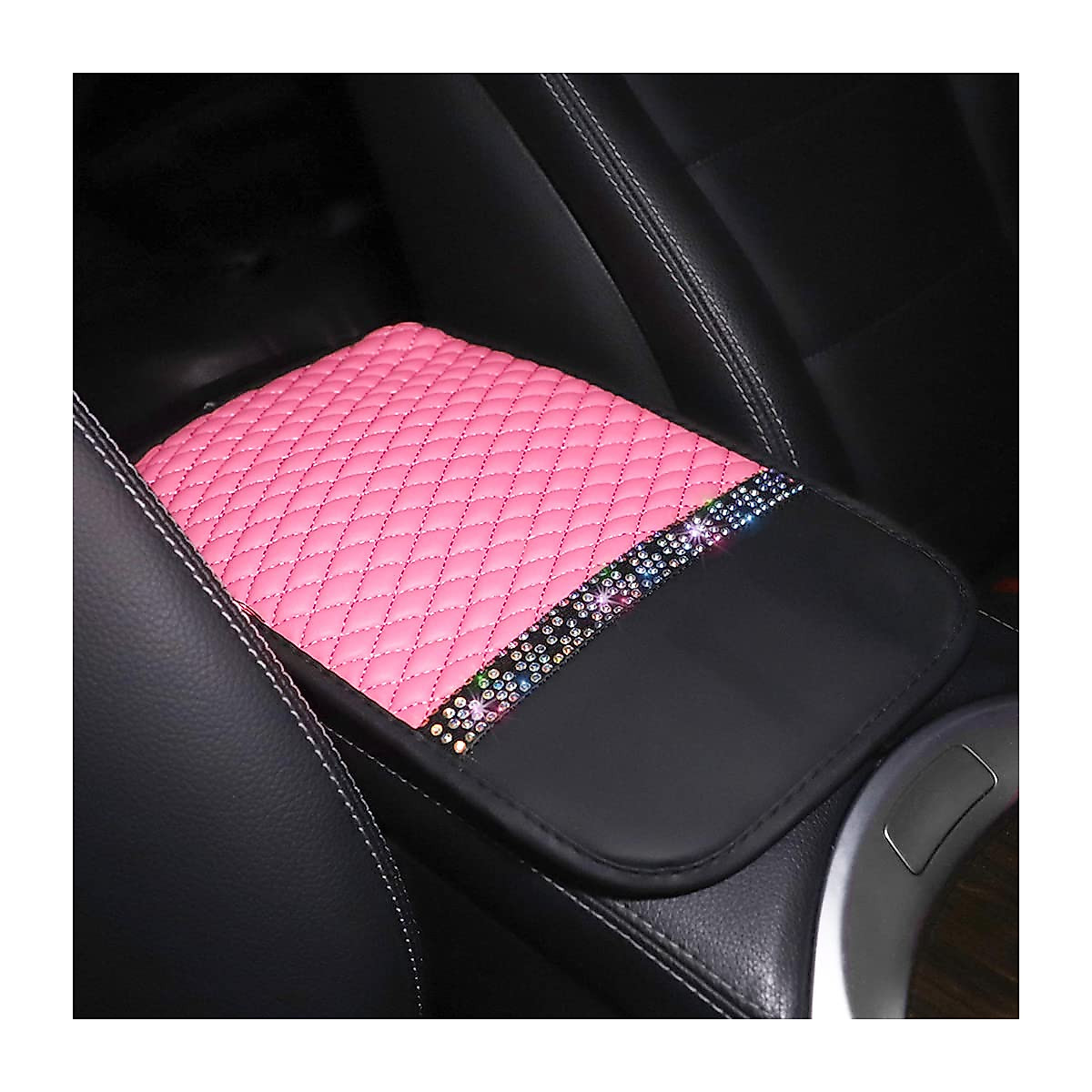 Bling Leather Car Center Console Cover, Car Center Console Protector With Glossy Crystal Rhinestone, Universal Waterproof Car Armrest Seat Box Cover For Most Car, Vehicles, SUVs, Trucks (Pink)