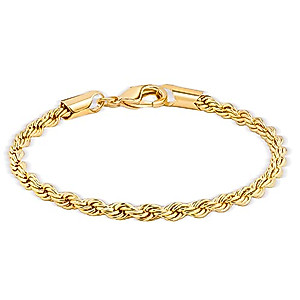 Barzel 18K Gold Plated 4MM Rope Gold Chain Bracelet For Men & Women