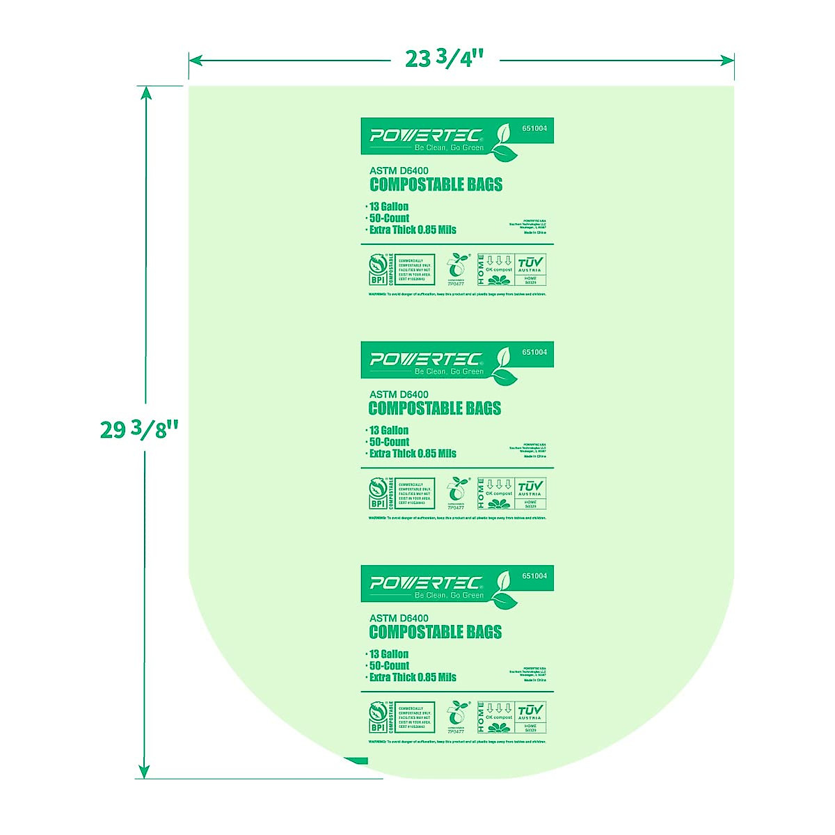POWERTEC Compostable Bags, 13 Gallon (49.2 Liter), 50 Count, Extra Thick 0.85 Mil Kitchen Scrap Waste Bag, ASTM D6400 US BPI & European OK Compost Home Certified, Biodegradable Yard Waste Trash Bag