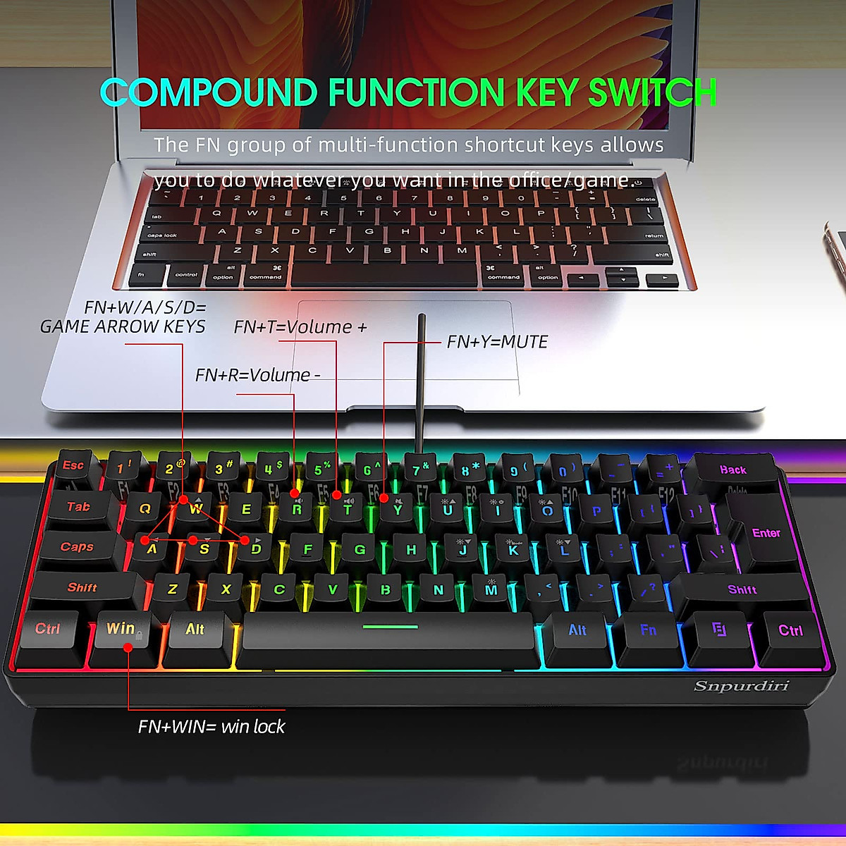 DGG K60 61 Keys RGB Backlit 60% Wired Gaming Keyboard, Ergonomic Waterproof Mini Compact 60 Percent Mechanical Feeling Keyboard, for PC Mac PS4 Xbox Gamer, Typist, Travel