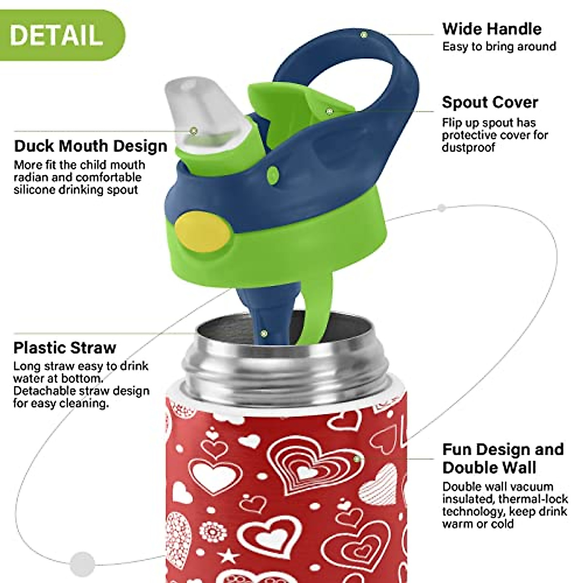 12 oz Kids Water Bottle, Valentine's Day Heart Stainless Steel Vacuum Insulated Flask with Straw Lid Double Wall Leakproof Thermos Reusable Toddlers Tumbler for School Girls Boys