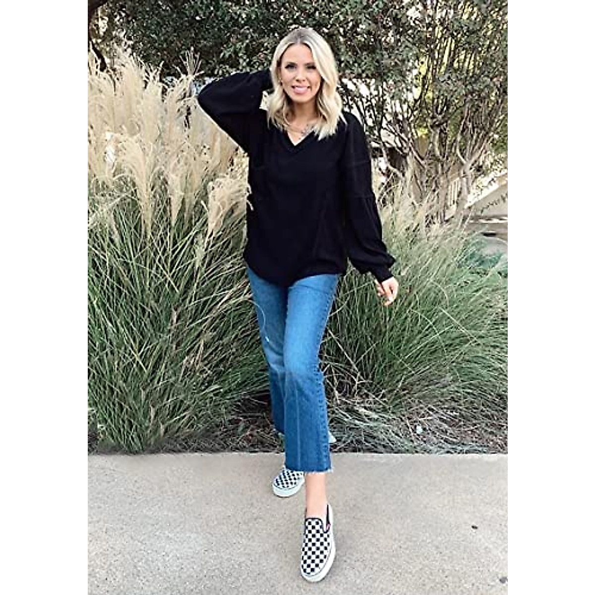 BTFBM Women Casual V Neck Ribbed Knitted Shirts Tunic Tops Loose Balloon Sleeve Solid Pullover Blouses Top with Pocket(Solid Black, Large)