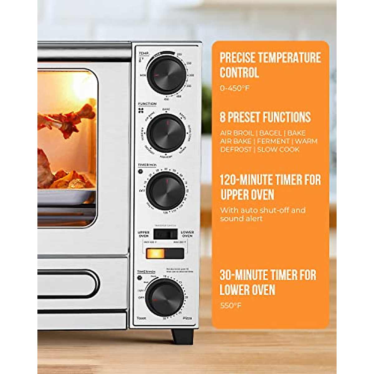 Toaster Oven Countertop, Dual Zone Toaster Oven Air Fryer Combo 29QT/28L Extra Large Capacity with 12 Inch Pizza Oven for Indoor (Max 550℉), for Roast Turkey, Stainless Steel Housing and Accessories Set, Quartz Heating Element(Good Heating Speed) BLAZANT