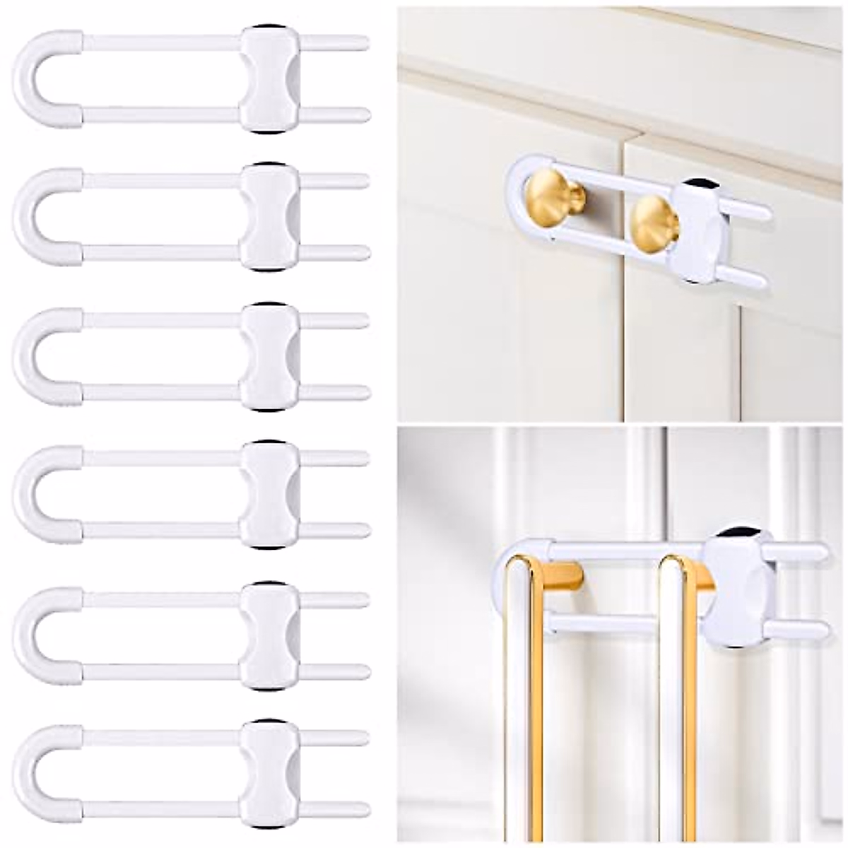 6 Packs Sliding Cabinet Locks, Modacraft Baby Proofing U-Shaped Child Safety Latches Adjustable White Locks for Handles Knobs Drawers Closet Cupboard