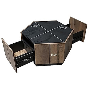 LKTART Hexagonal Rural Style Garden Retro Wood Coffee Table Cocktail Table with 2 Drawers Reception and Living Room Textured Grey Warm Oak