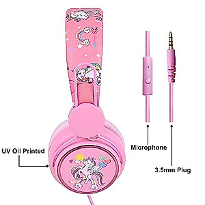 Kids Headphones for Girls, Cute Unicorn Headphones for Kids with Microphone, Adjustable Headband, 3.5mm Jack Wired Girls Headphones for School Travel Xmas Gift (Pink)